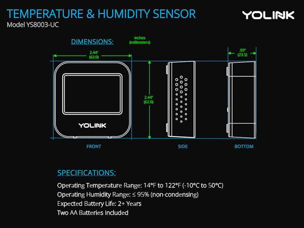 Smart Wireless Temperature Sensor/Humidity Sensor Wide Range (-22 to 1 – YoLink