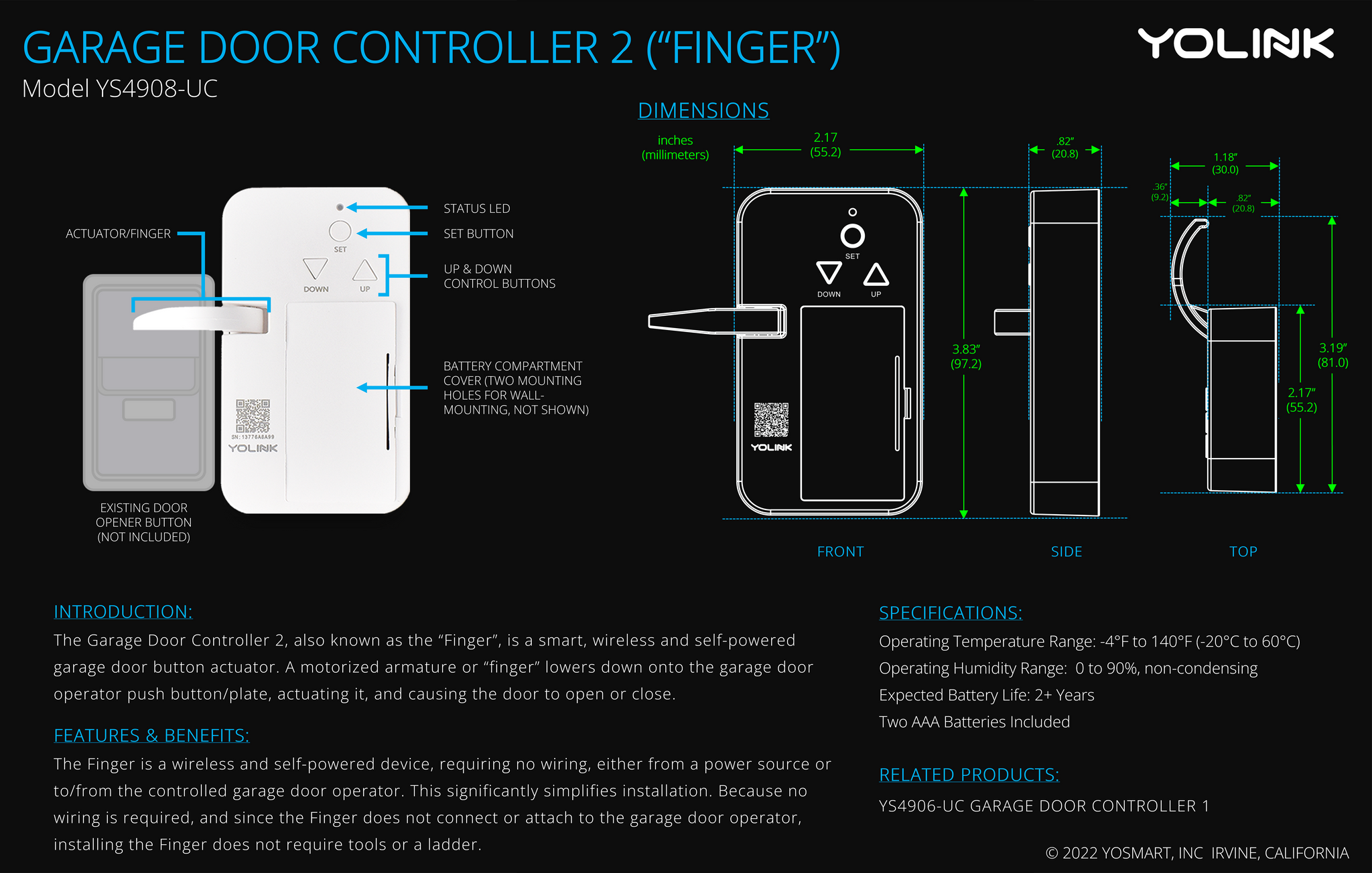 YoLink Finger Smart Garage Controller, Easy Wireless Smart Garage ...